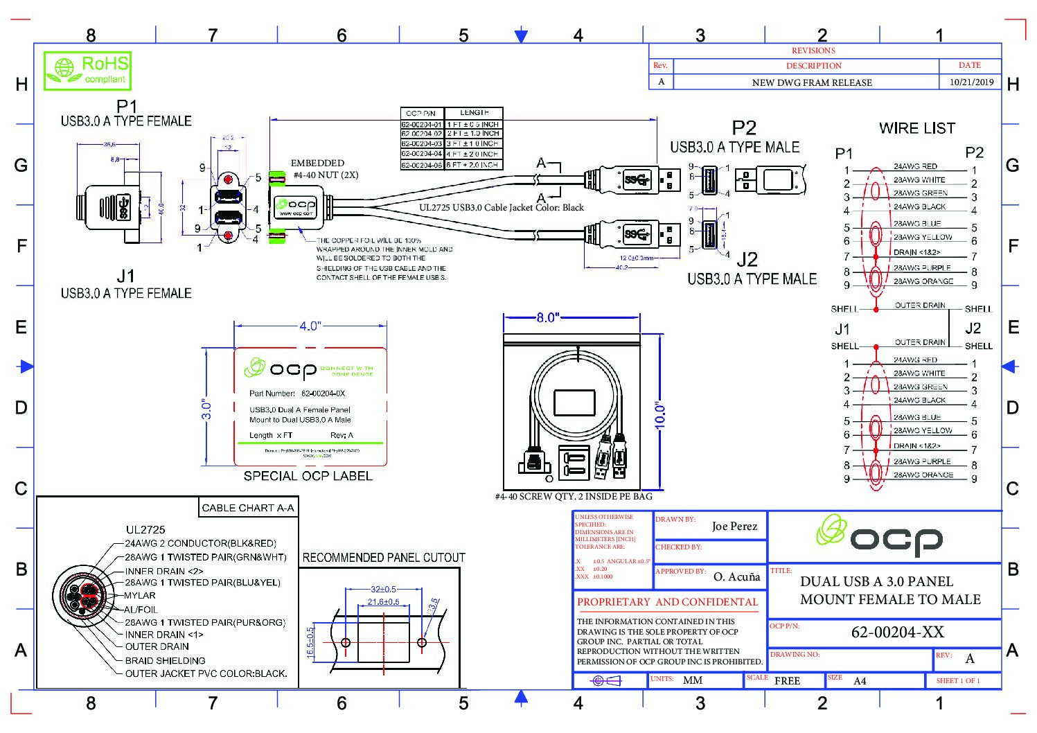 Dual USB A 3.0, Panel Mount Cable, Female to Male - OCP Group Inc.